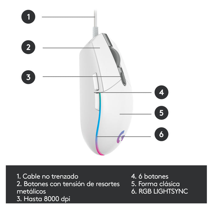Mouse Gamer Logitech G203 RGB LIGHTSYNC, 6 Botones 8.000 DPI, Blanco ...