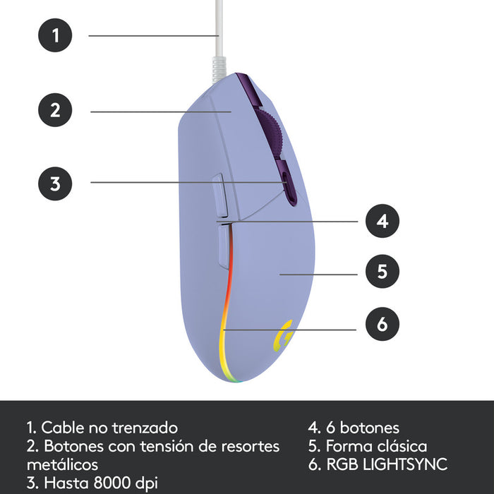 Mouse Gamer Logitech G203 RGB LIGHTSYNC, 6 Botones 8.000 DPI, Lila ...